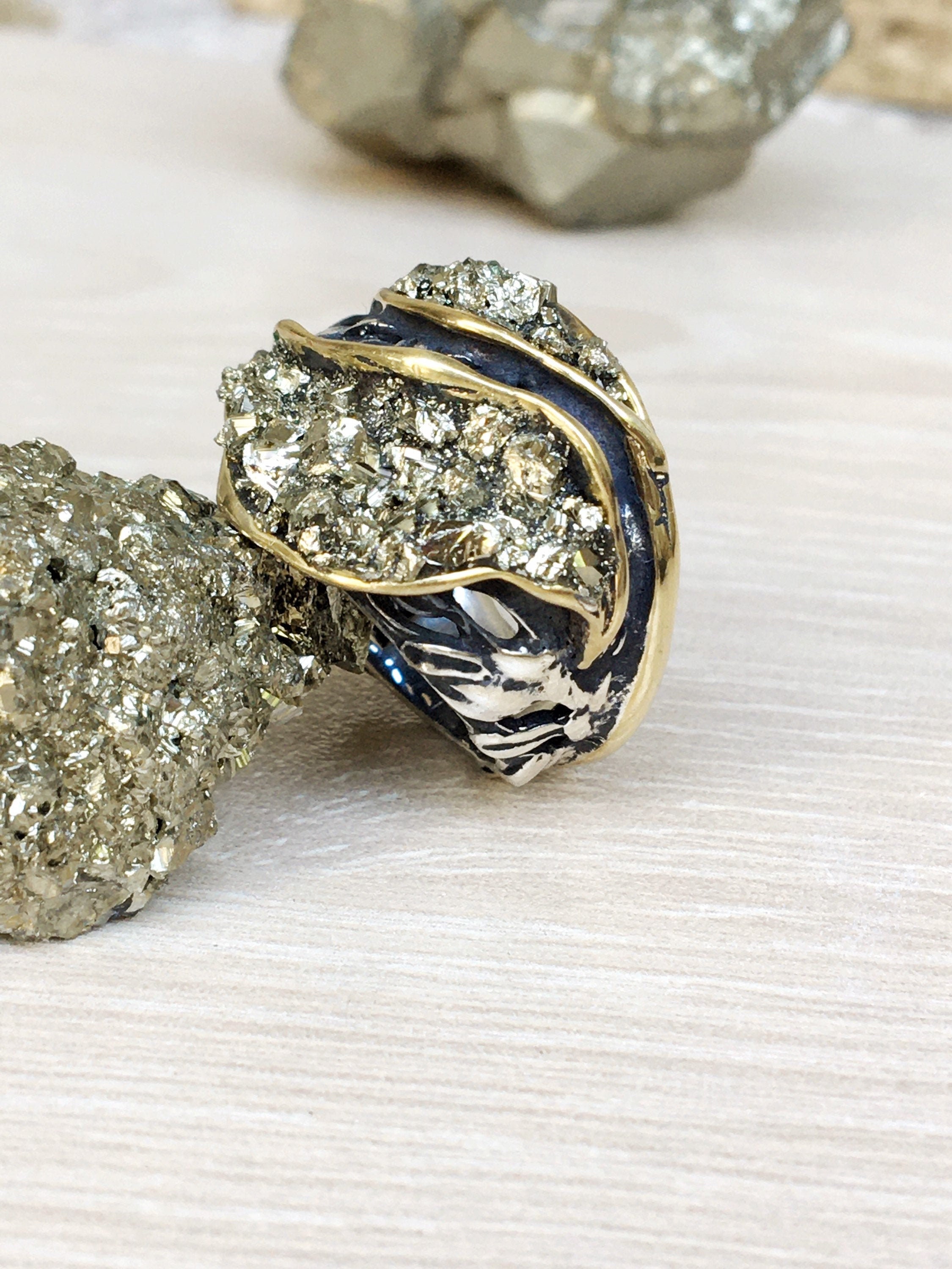 Raw Pyrite Ring Sterling Silver and Gold 245 K Druzy Pyrite - Etsy