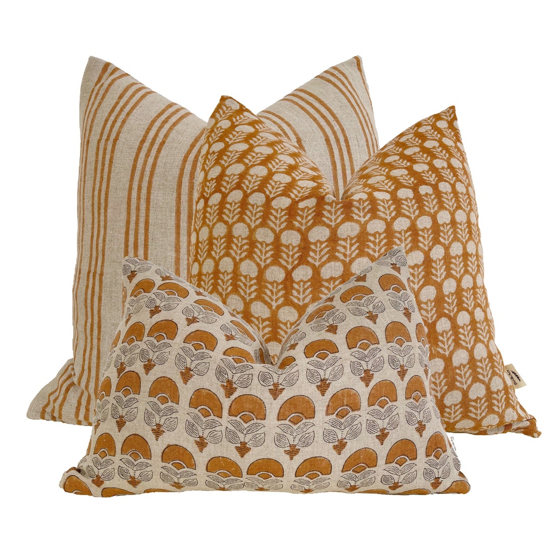 Floral Block Print Linen Pillow Cover: Tan & Black Accent Pillow - Etsy