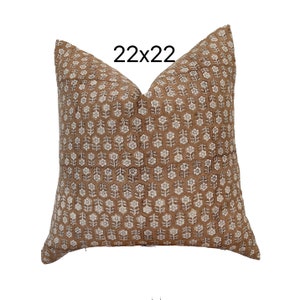 Block Print Linen Pillow Combos, Camel Color/ Light Brown Floral ...