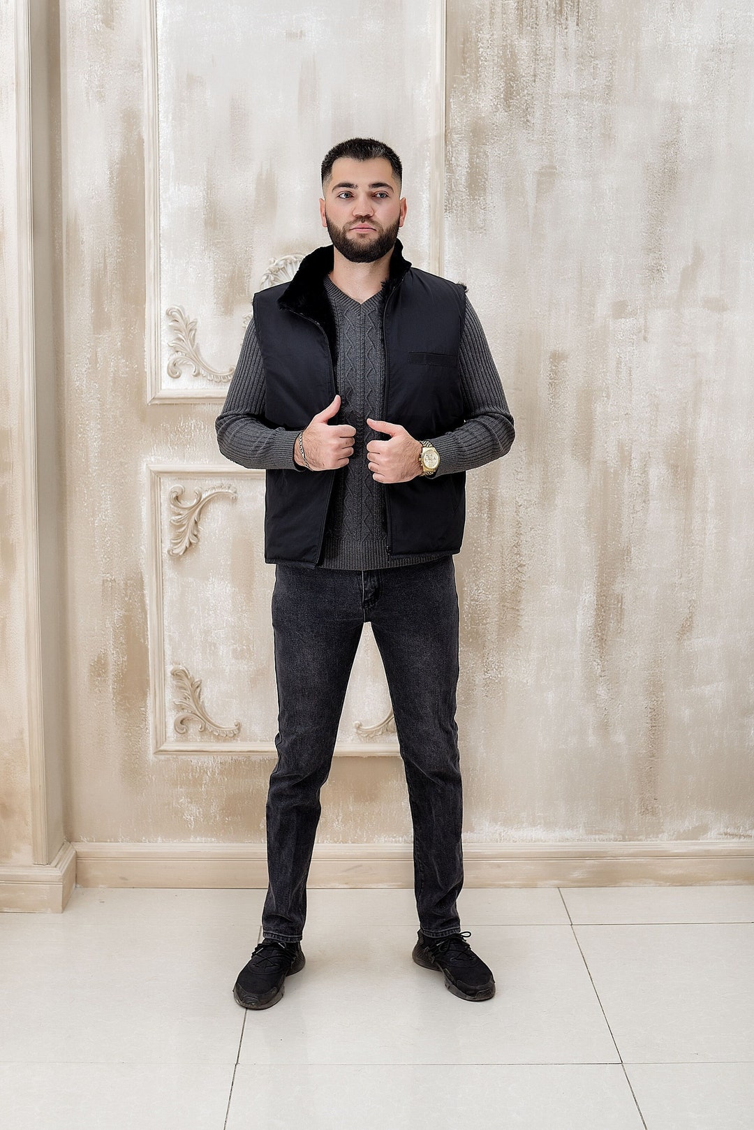Black Sheepskin Vest With Patch Pocket and Black Fur Lining - Etsy