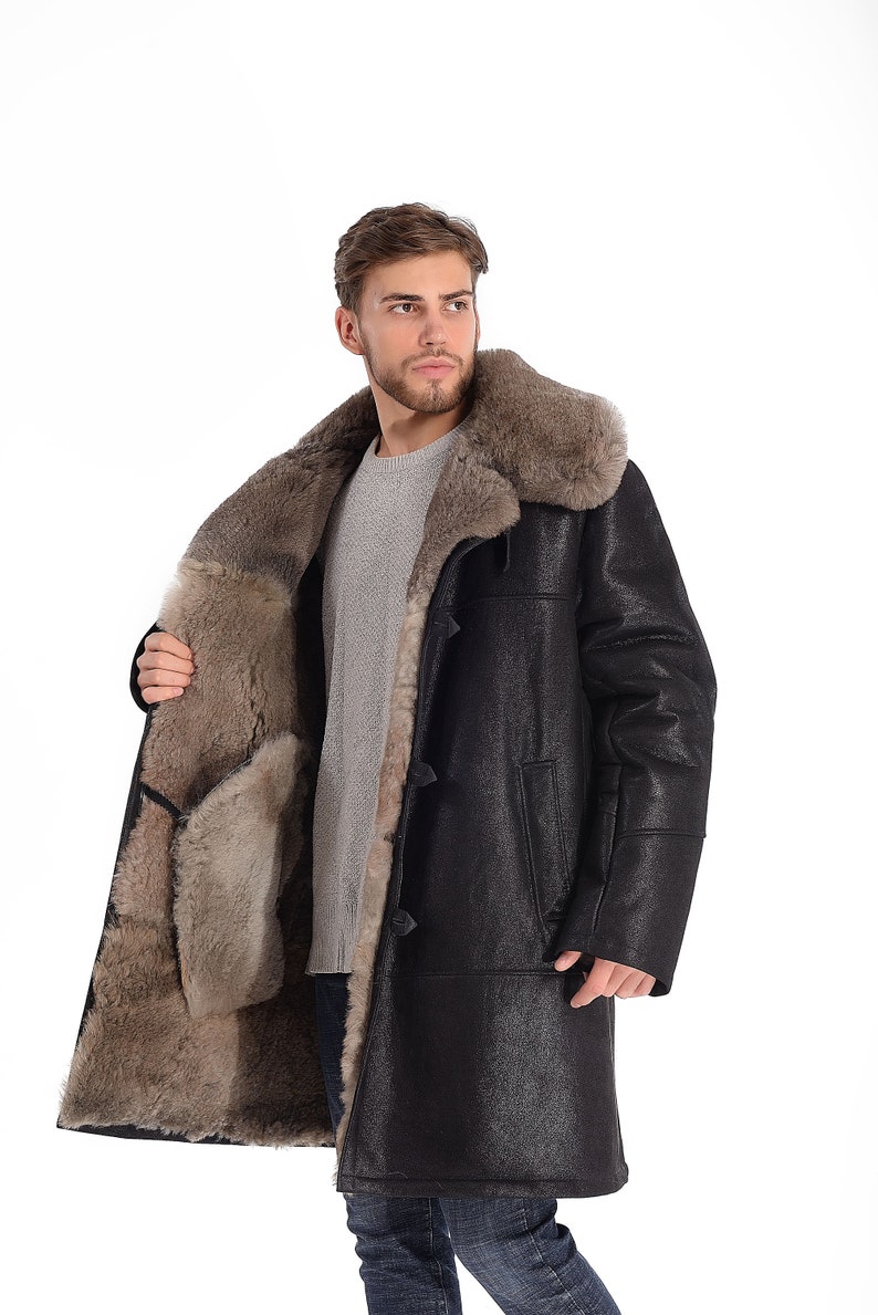 Men's Long Shearling Sheepskin Coat With Wide Grey Fur Collar - Etsy