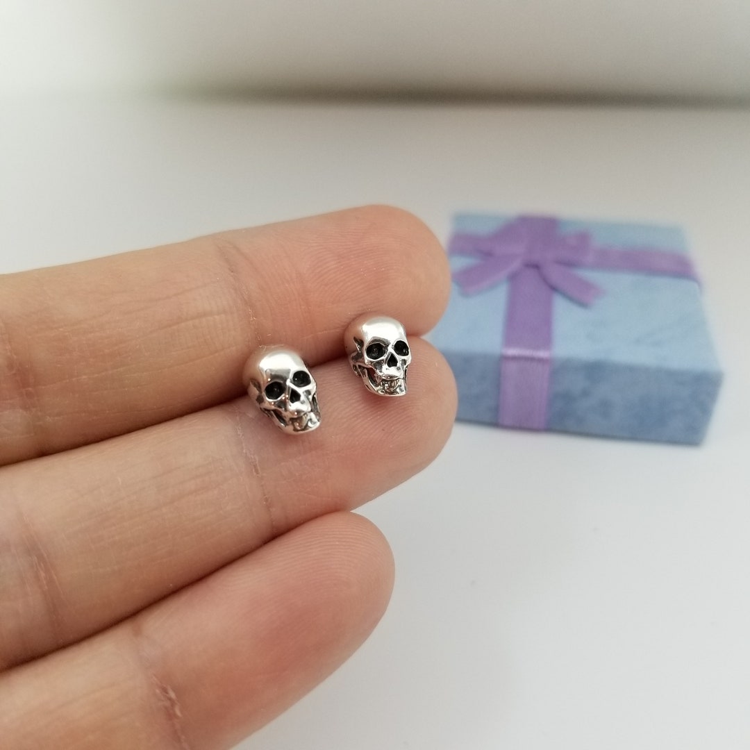 Miniature Skull Stud Earrings in Sterling Silver Spooky Halloween Stud ...
