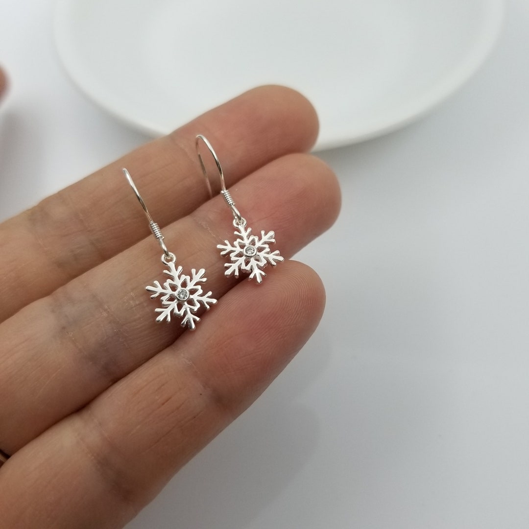 Small Snowflake Dangle Earrings in Sterling Silver With CZ Center Stone ...