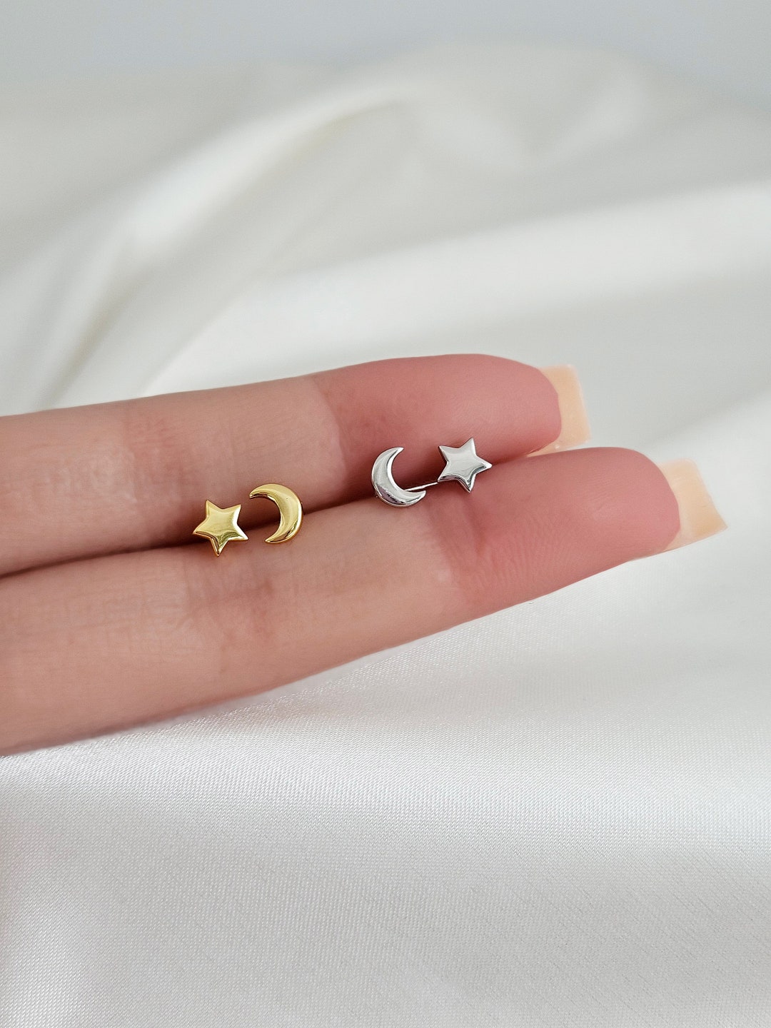 Crescent Moon and Star Stud Earrings in Sterling Silver, Mismatched Earrings, Tiny Stud Earrings ...