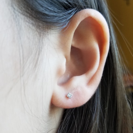 Tiny Square Earring Studs in Sterling Silver Cubic Zirconia Minimalist Stud Earrings Silver Stud Earrings Geometric Earrings Etsy