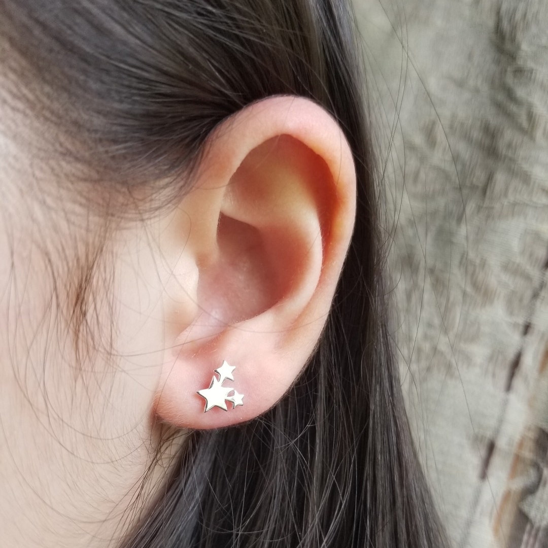 Trio Star Stud Earrings in Solid Sterling Silver Triple Star Cluster ...