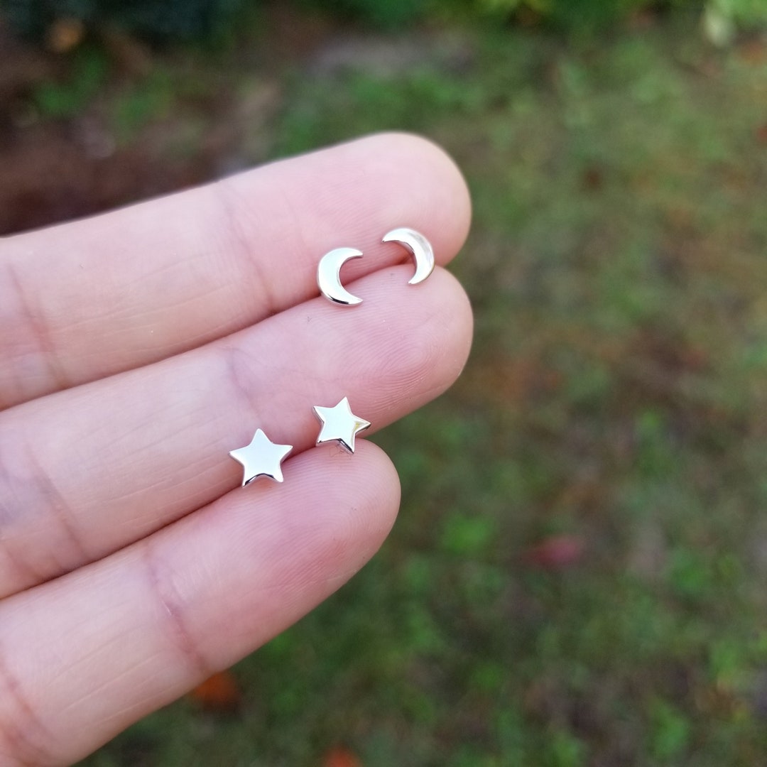Solid Sterling Silver Moon Star Earrings, Crescent Moon Earring Stud ...