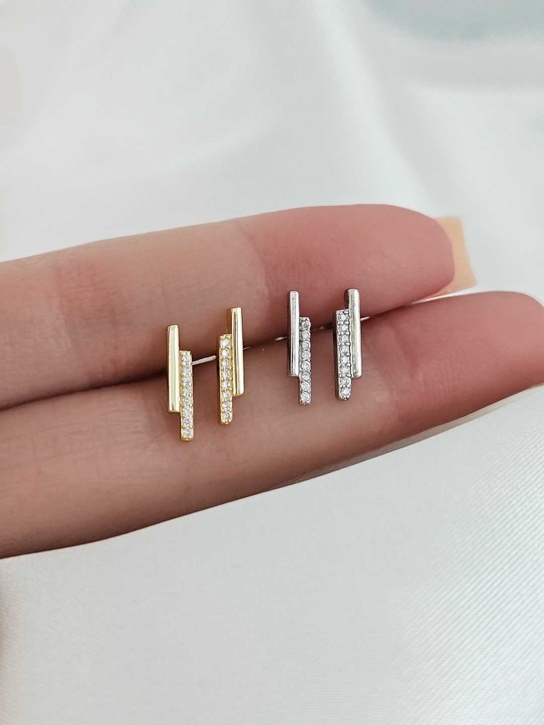 Silver Earring Studs, Double Bar Earring Studs, Geometric Stud Earrings ...