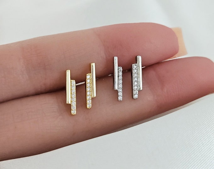 Silver Earring Studs, Double Bar Earring Studs, Geometric Stud Earrings ...