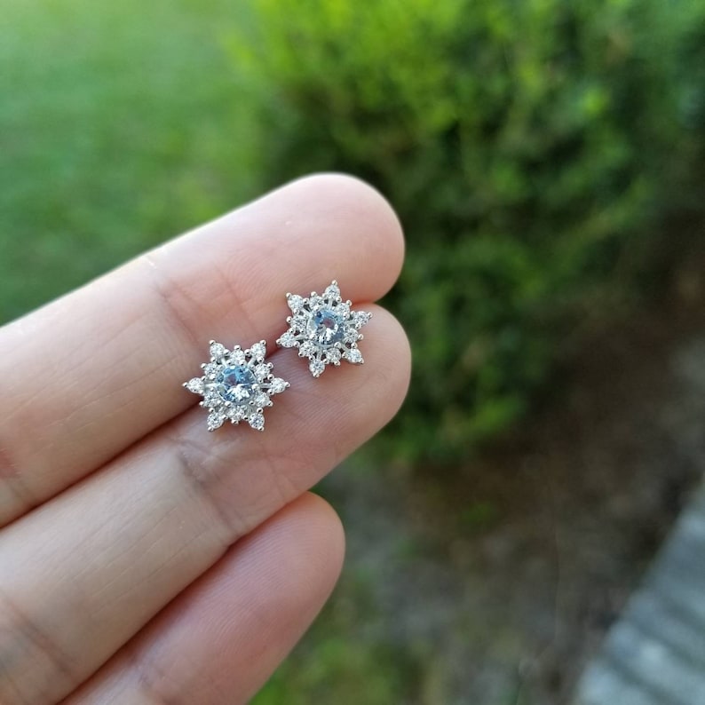 Snowflake Stud Earrings Sterling Silver Blue Cz Snowflakes - Etsy