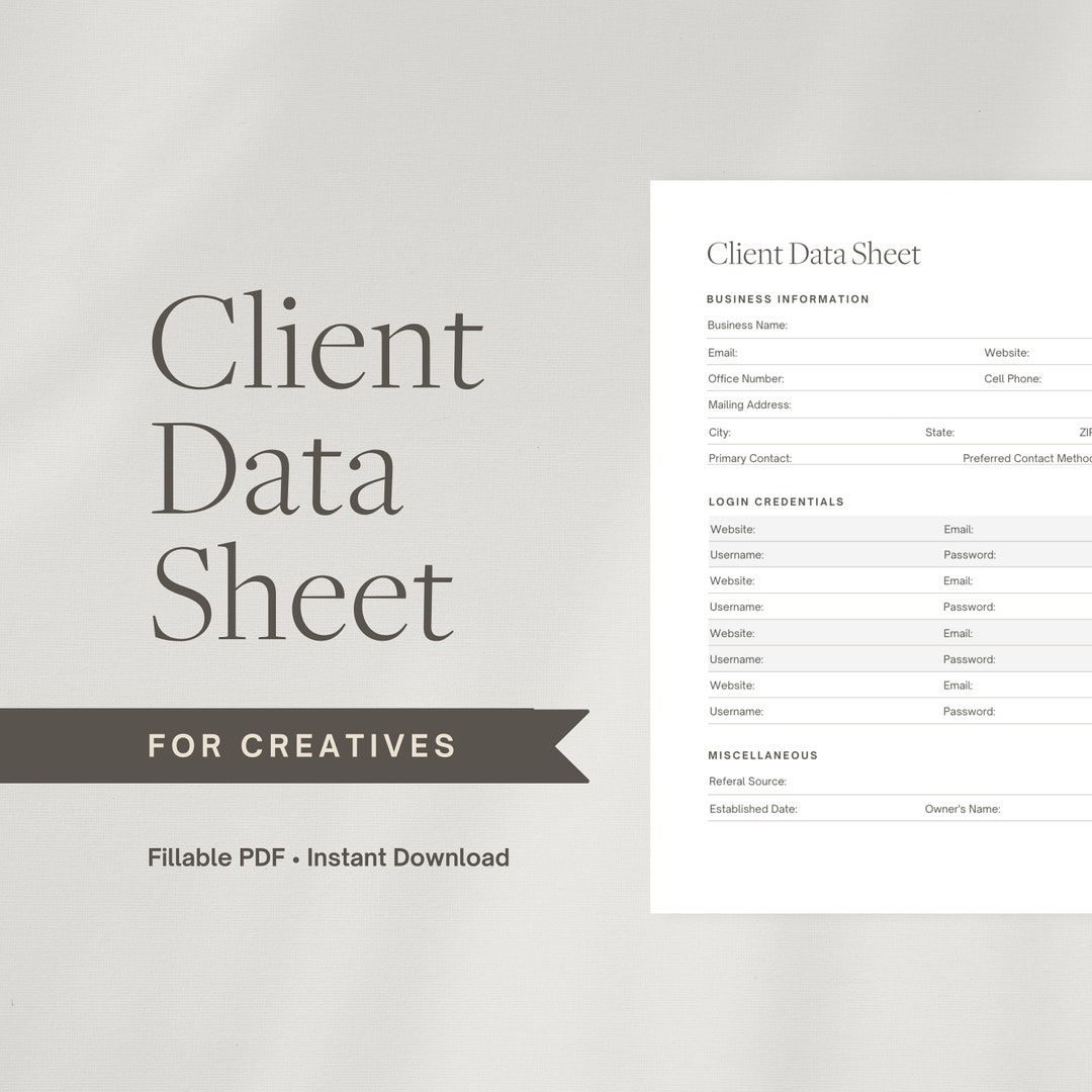 Client Data Sheet for Creatives | Client Password Organizer | Client ...