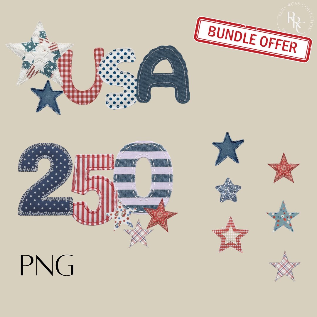 Patriotic Patchwork PNG Bundle USA 250 Vintage Americana Quilt Letters ...
