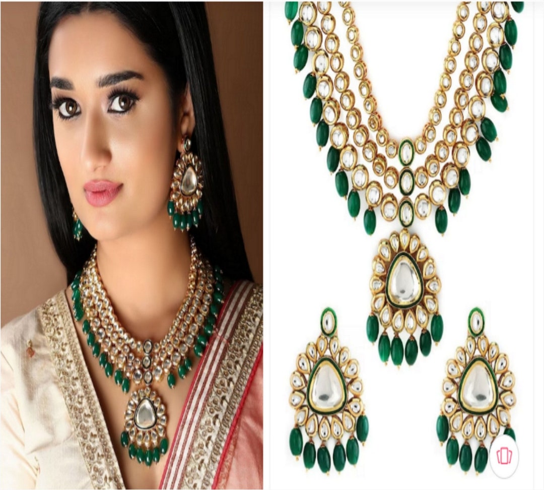 Kundan Long Layered Rani Haar With Earrings Jewelry Set Green Etsy