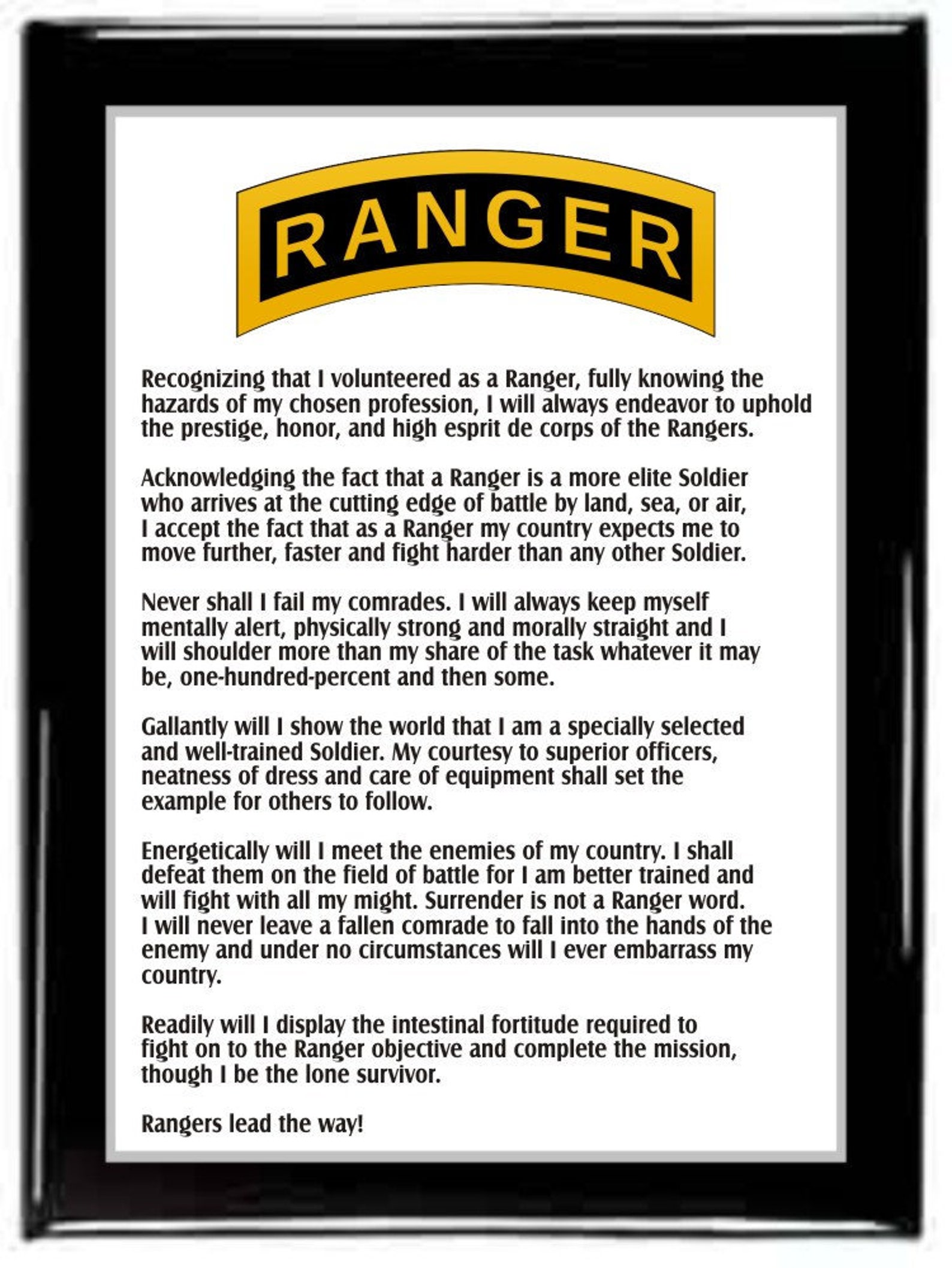 Army Ranger Creed Plaque,army Plaque,military Plaque,retirement Plaque ...