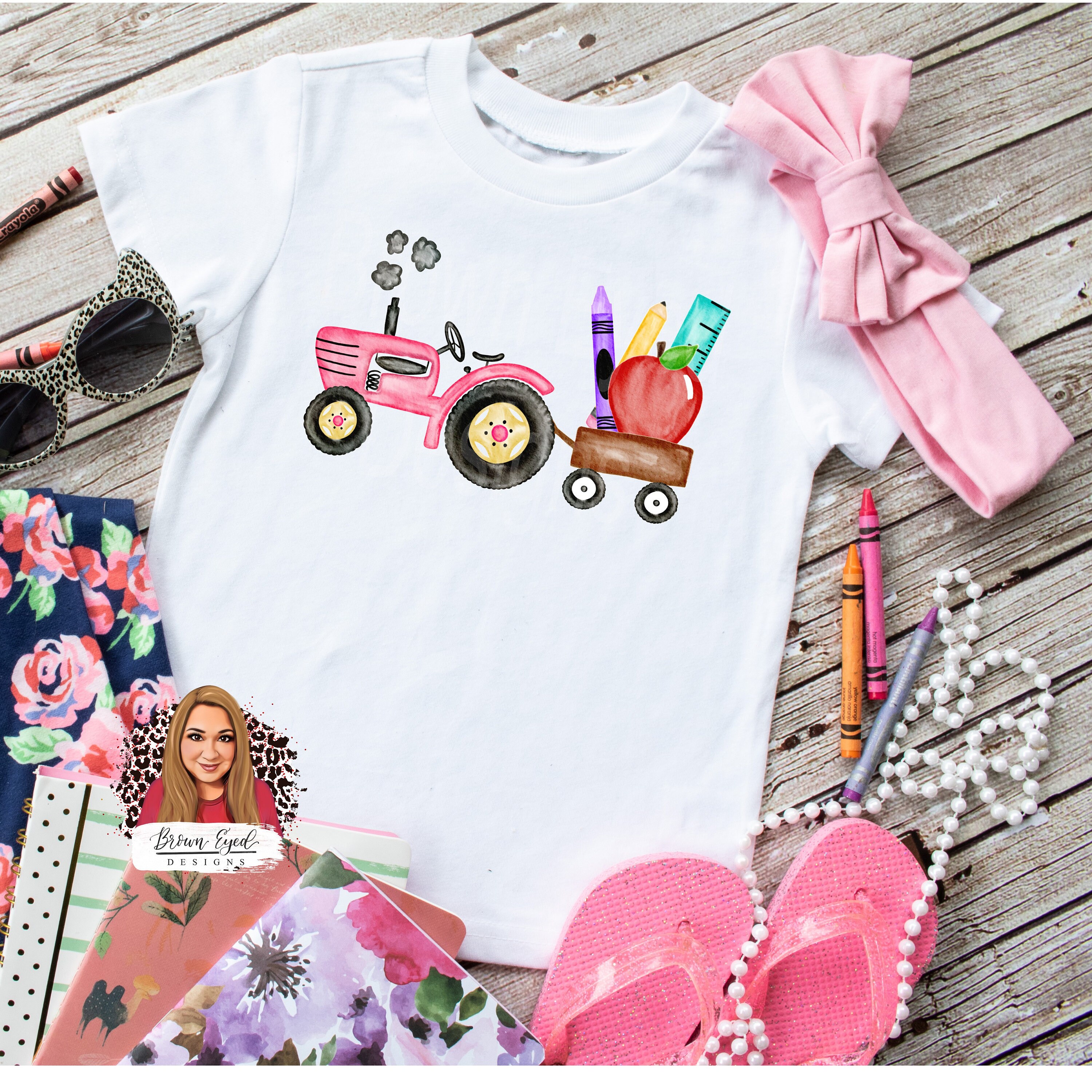Tractor rosa, Tractor con útiles escolares, Camisa tractora para niñas ...
