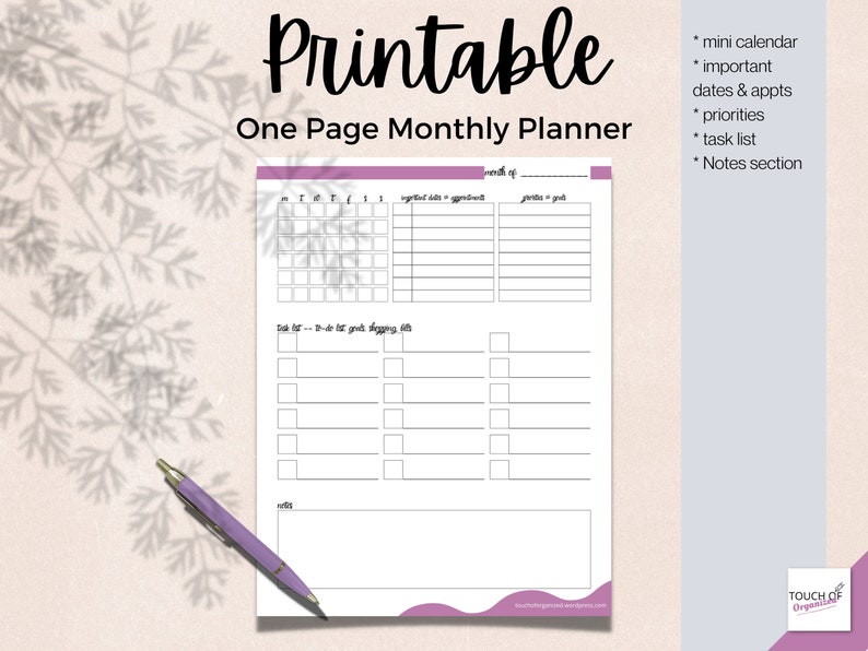 Printable Planner, One Page Monthly - Etsy