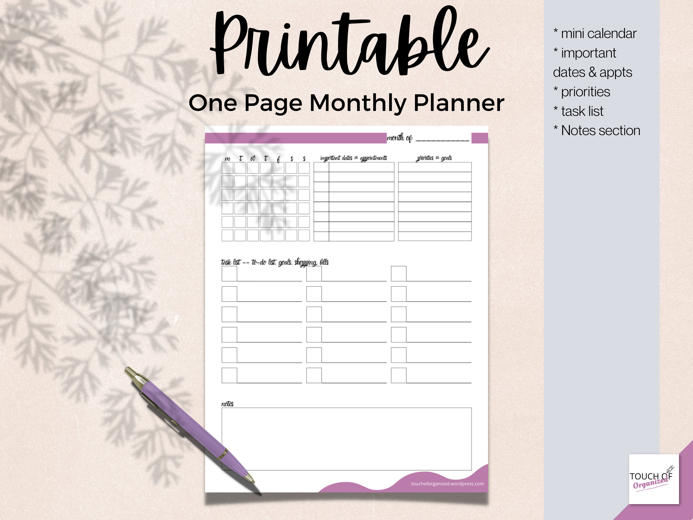 Printable Planner, One Page Monthly - Etsy