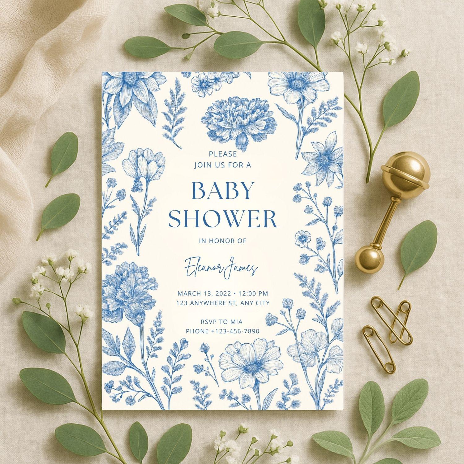 Blue Floral Baby Shower Printable Invitation • Toile Baby Shower ...