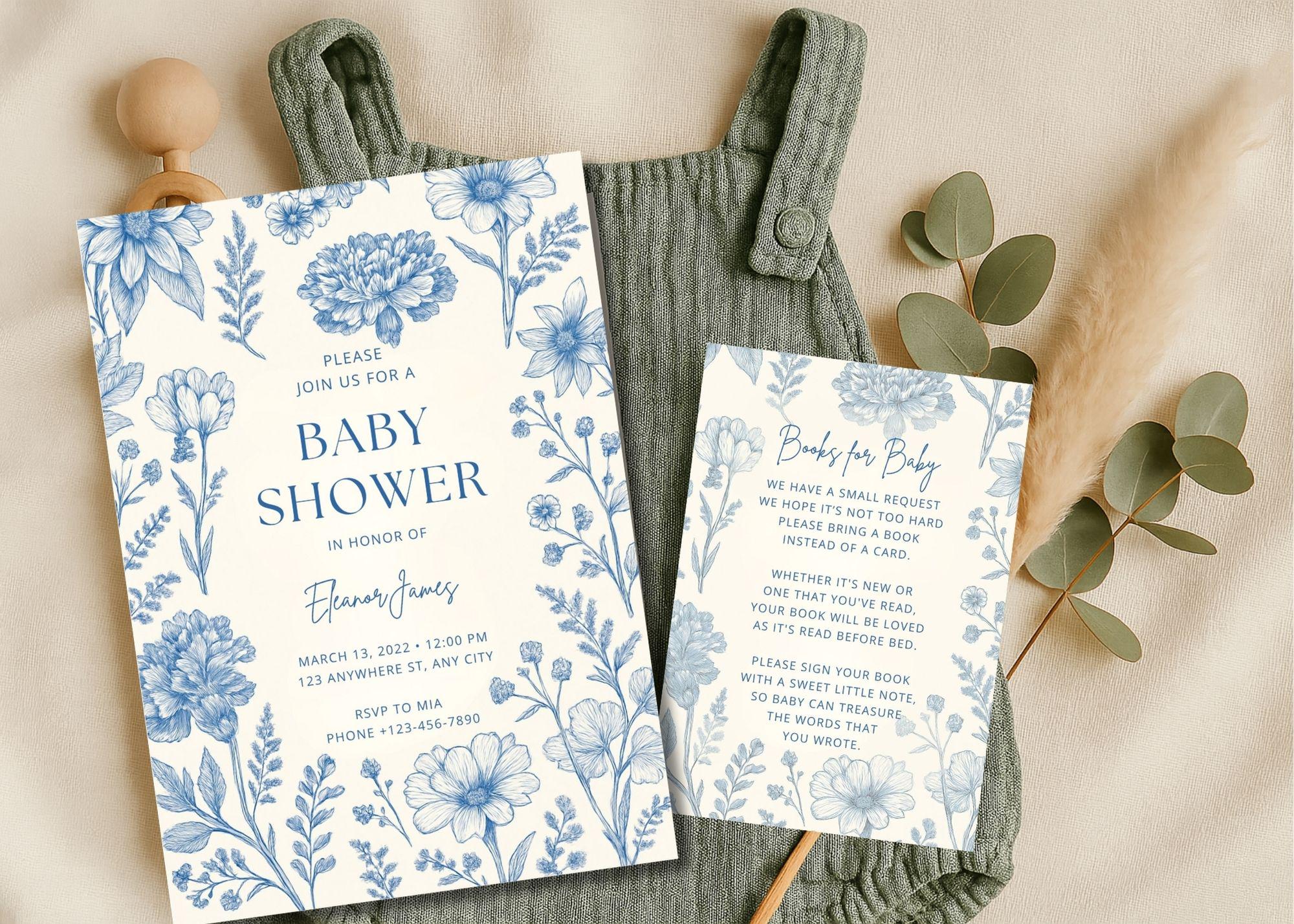 Blue Floral Baby Shower Printable Invitation • Toile Baby Shower ...