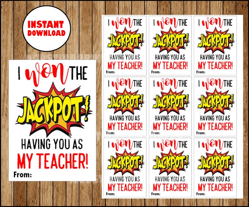 I Won the Jackpot Having You as My Teacher! Printable Teacher Gift Tag ...
