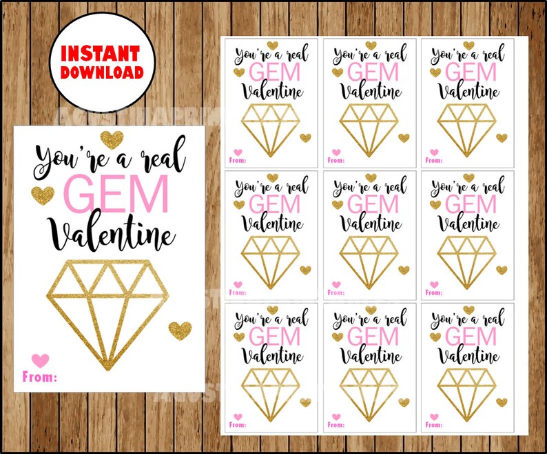 INSTANT DOWNLOAD You're a Gem Valentine, Diamond Valentine, Children's ...