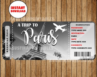Printable Ticket to Paris Boarding Pass Customizable | Etsy