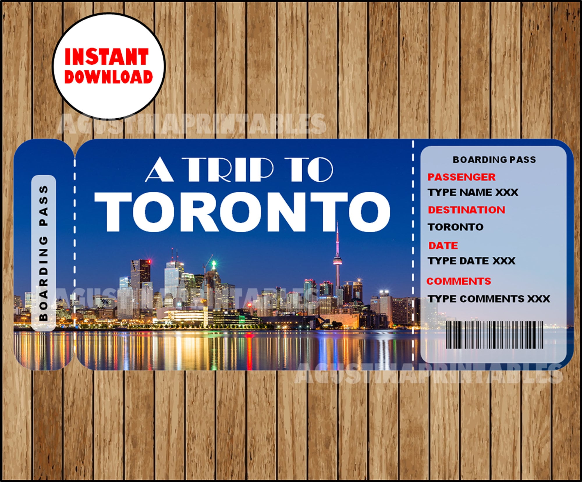 Printable Ticket to Toronto Boarding Pass, Customizable Template ...