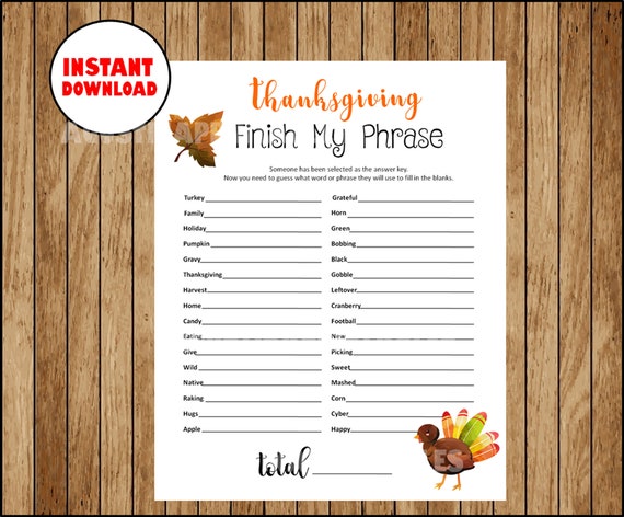 INSTANT DOWNLOAD Thanksgiving Finish My Phrase Printable | Etsy