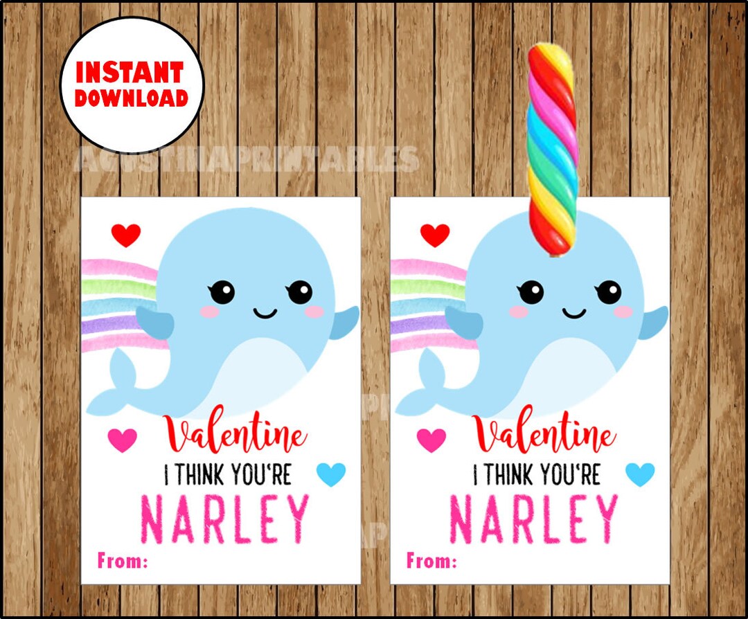 INSTANT DOWNLOAD Narwhal Valentine's Day Cards, Printable Narwhal ...