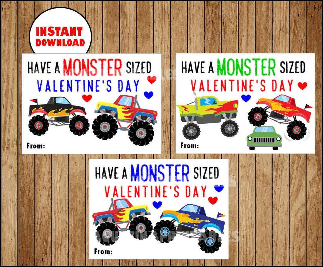 INSTANT DOWNLOAD Monster Truck Valentine's Day Cards, Printable ...