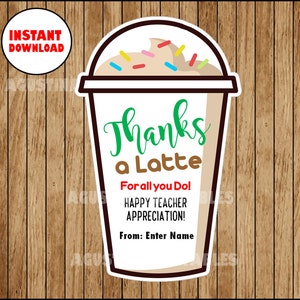 Thanks a Latte, Teacher Gift, Gift Card Tags, Thank You Tags, Teacher ...
