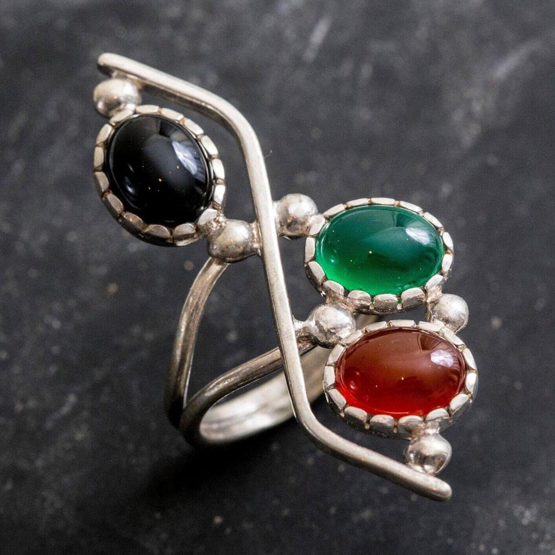Long Statement Ring, Long Emerald Ring, Three Stone Ring, Carnelian ...