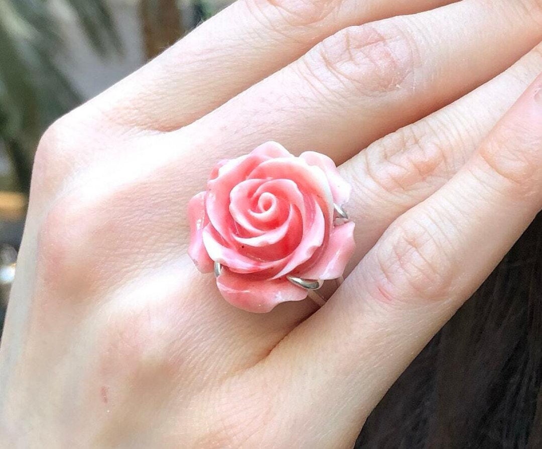 Large Rose Ring, Created Coral, Statement Ring, Flower Ring, Romantic ...