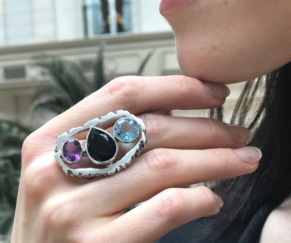 Großer langer Ring Schwarzer Onyx Ring Statement Ring | Etsy