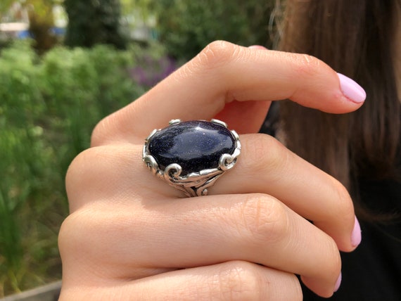 Large Blue Ring Sandstone Ring Blue Sand Stone Artisan Oval | Etsy