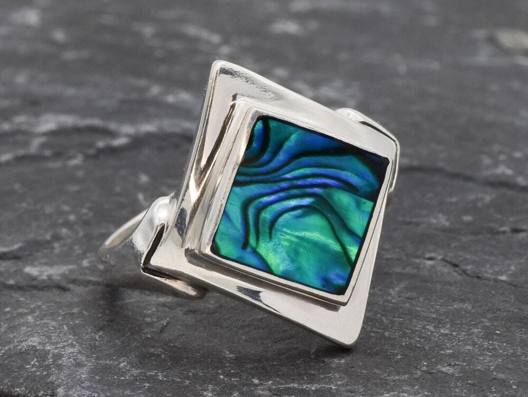 Abalone Ring, Natural Abalone Ring, Blue Shell Ring, Square Abalone Ring, Vintage Ring, Artistic ...