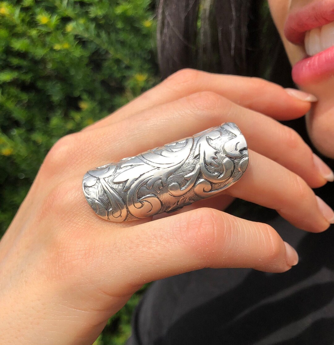 Long Silver Ring, Shield Ring, Armor Ring, Solid Silver Ring, Statement ...