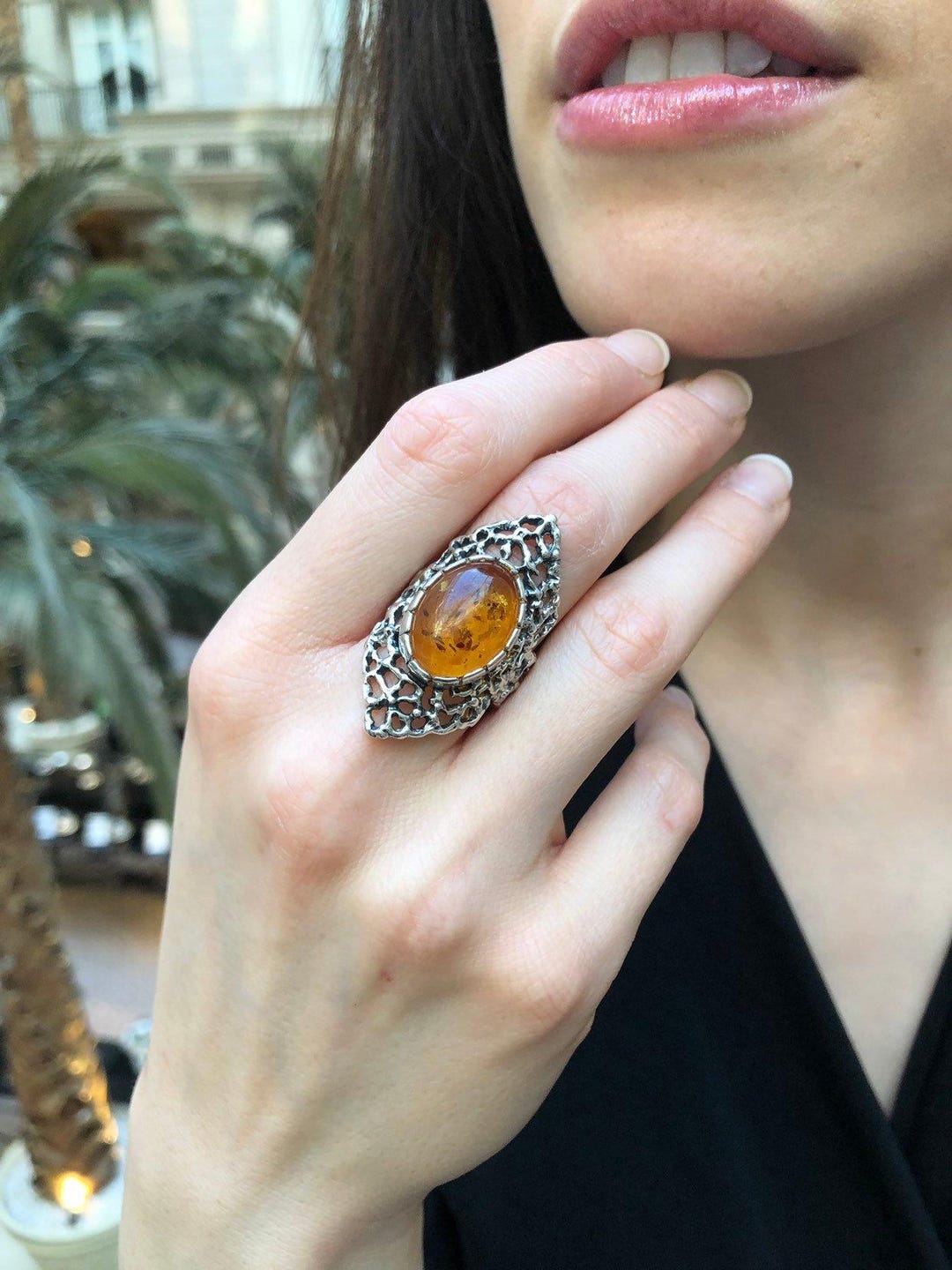 Large Amber Ring, Natural Amber Ring, Statement Ring, Vintage Ring ...