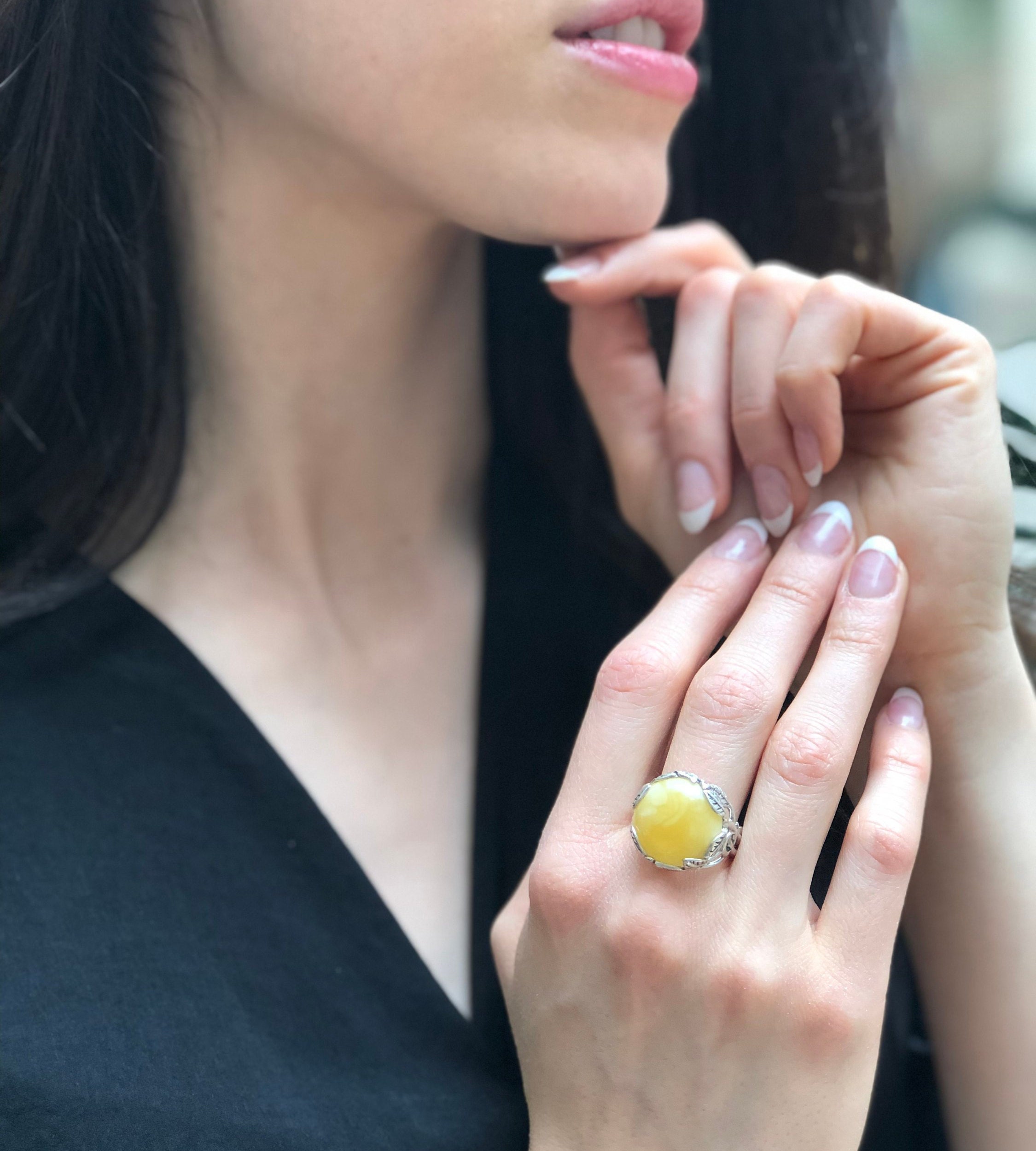 Milky Amber Ring, Natural Amber Ring, Statement Ring, Yellow Ring, Leaf ...
