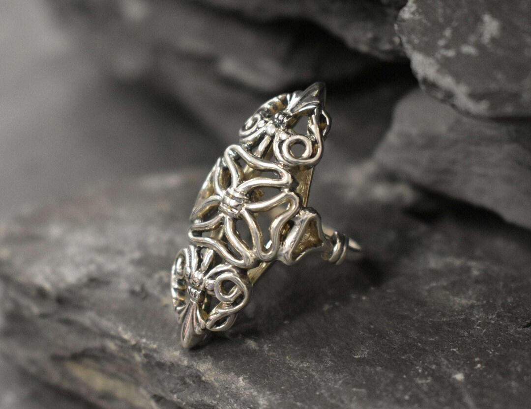 Filigree Shield Ring, Long Floral Ring, Ornate Pattern Ring, Antique ...