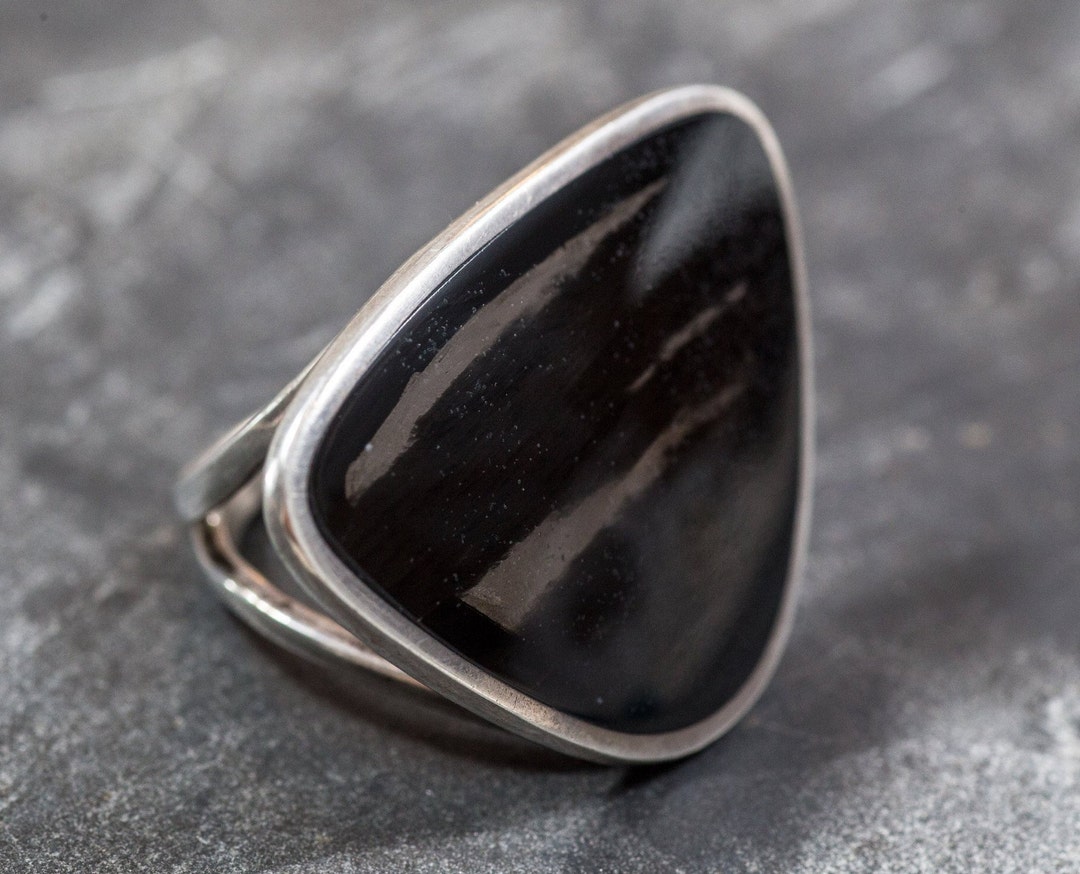 Obsidian Ring, Natural Obsidian, Black Ring, Triangle Ring, Black Stone ...