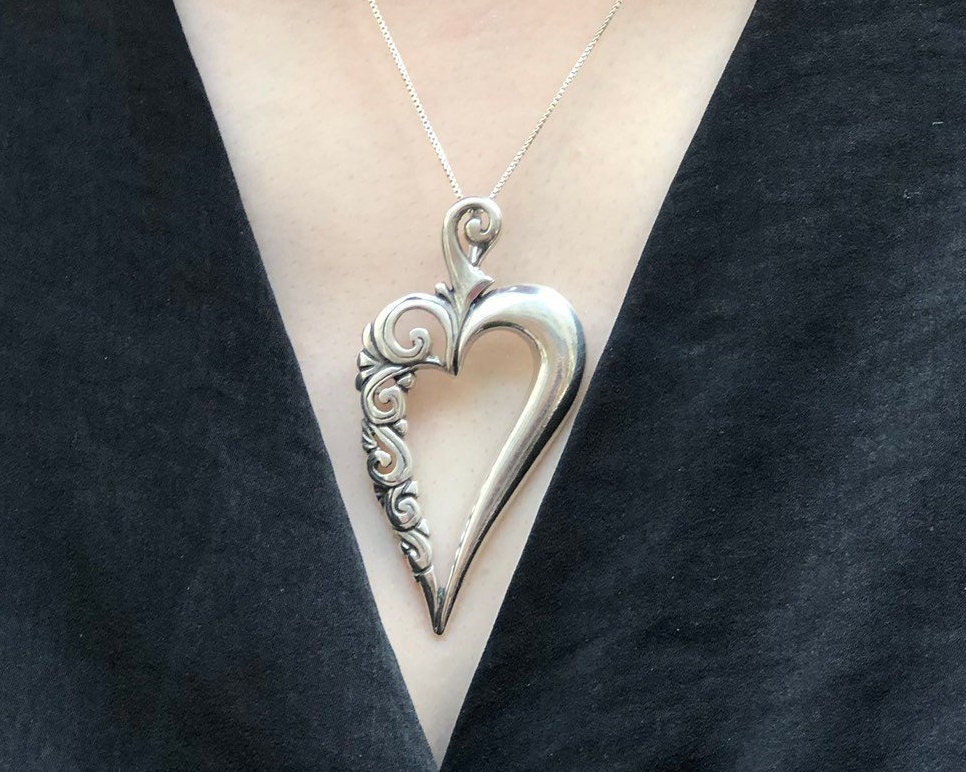 Silver Heart Pendant Solid Silver Pendant Long Pendant | Etsy
