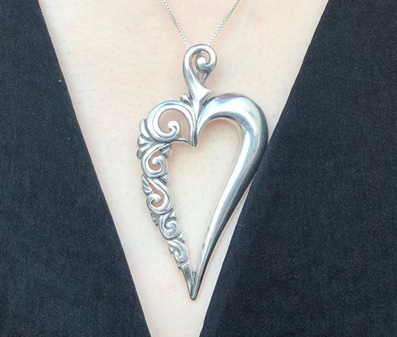Silver Heart Pendant Solid Silver Pendant Long Pendant | Etsy