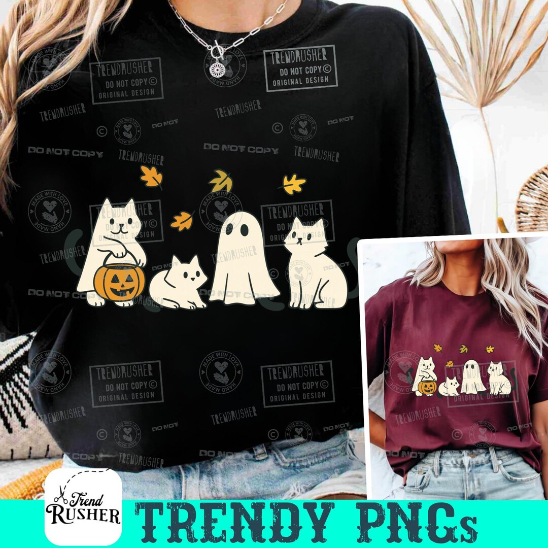 Cute Halloween Cats and Ghost PNG, Halloween Digital Download ...