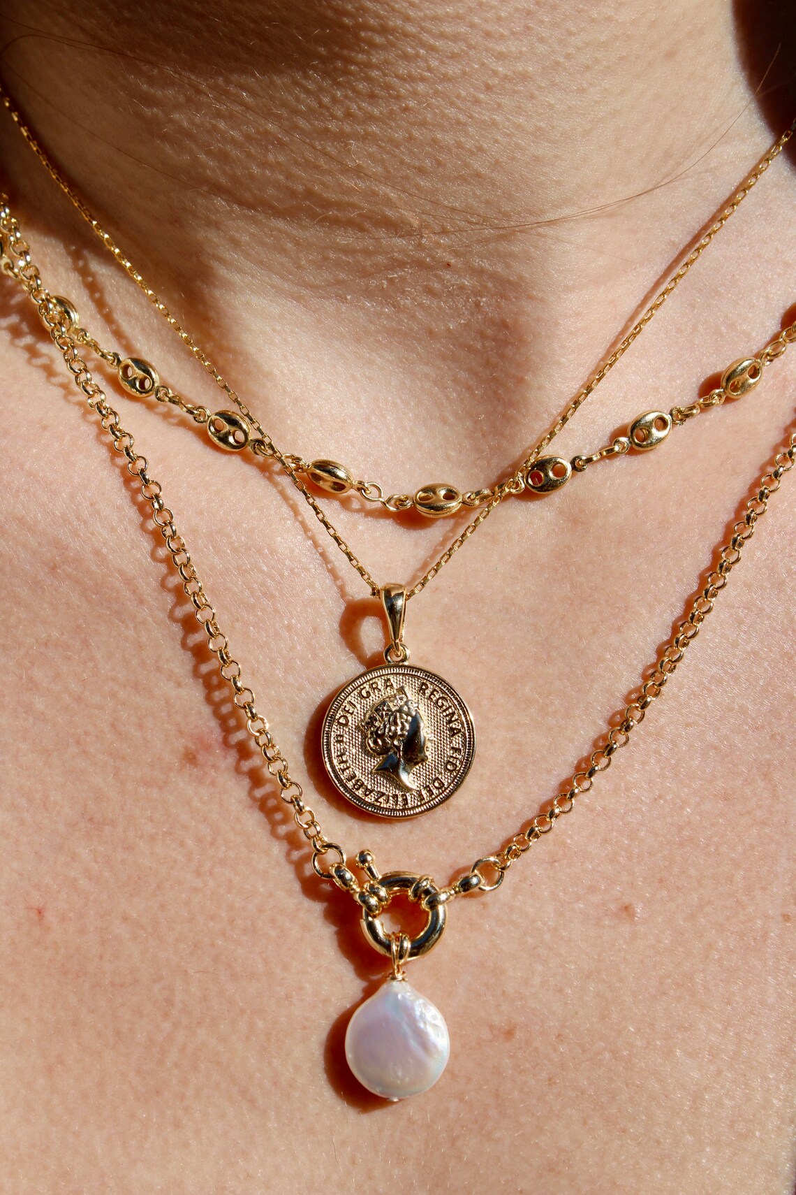 Fresh Water Pearl Rolo Necklace 14K Gold Filled Fancy Front Clasp 18 ...