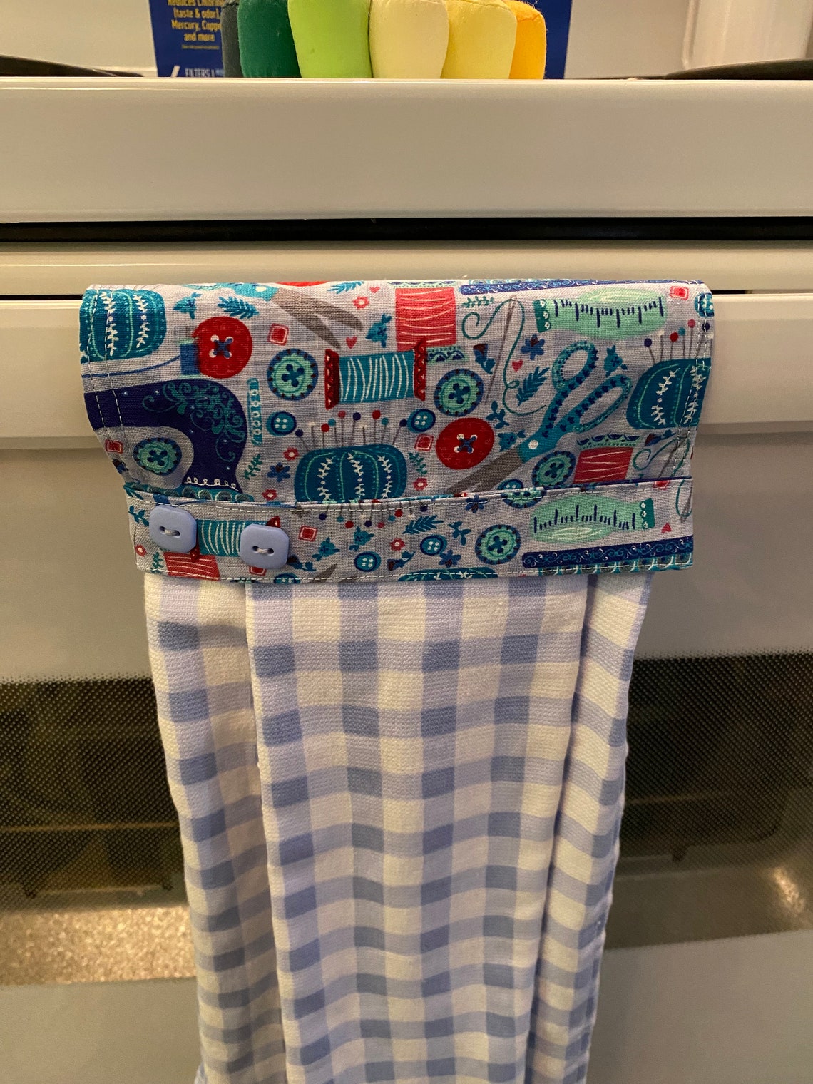 Hanging Kitchen Towel - Blue Gingham Towel With “sewing Gadget” Print ...