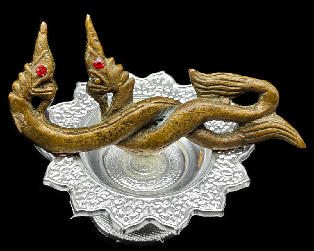 Bronze Twin Head Red Eye Gems Phaya Nak Naga Serpent Buddha Relic Charm ...