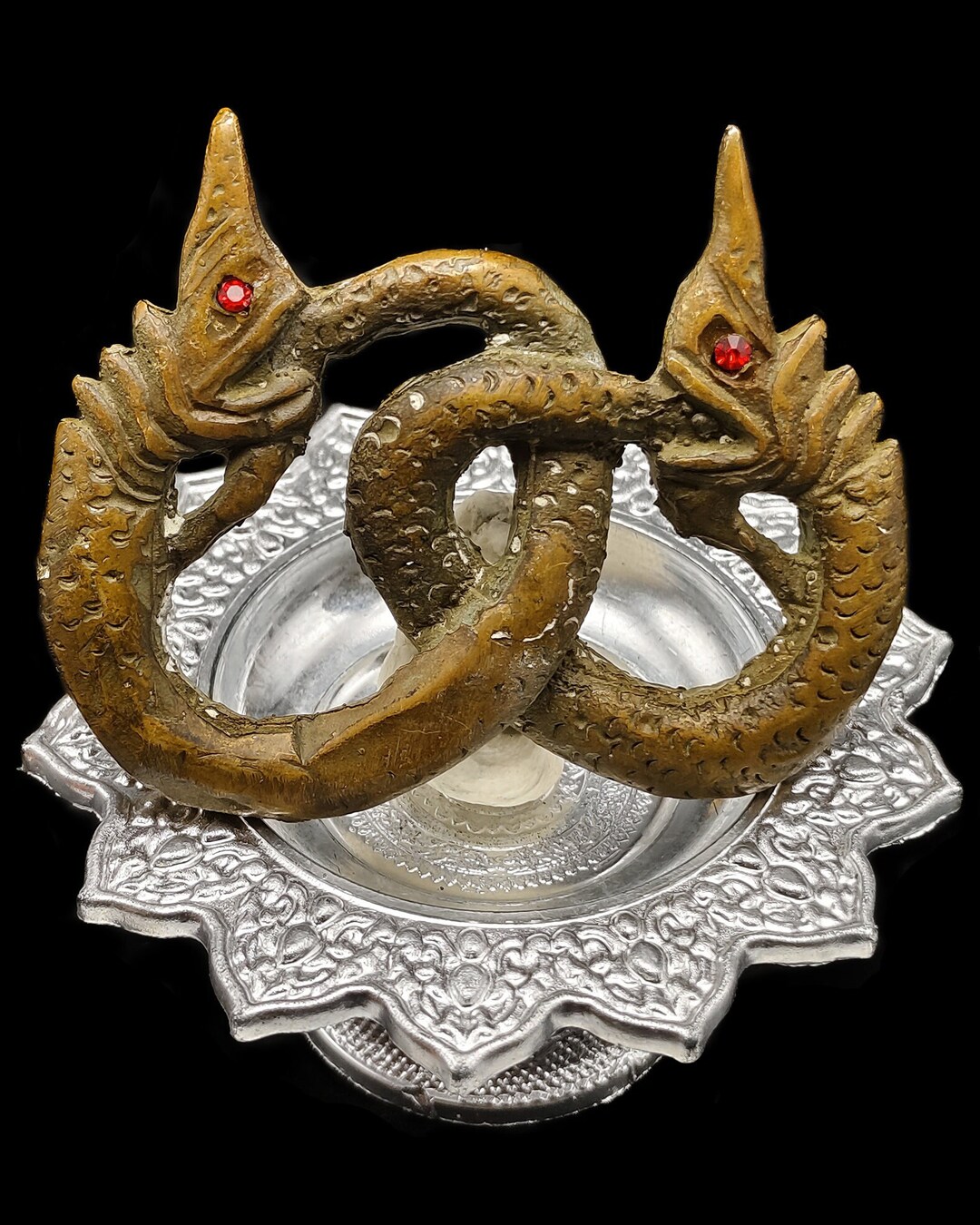 Bronze Twin Head Red Eye Gems Phaya Nak Naga Serpent Buddha Relic Charm ...