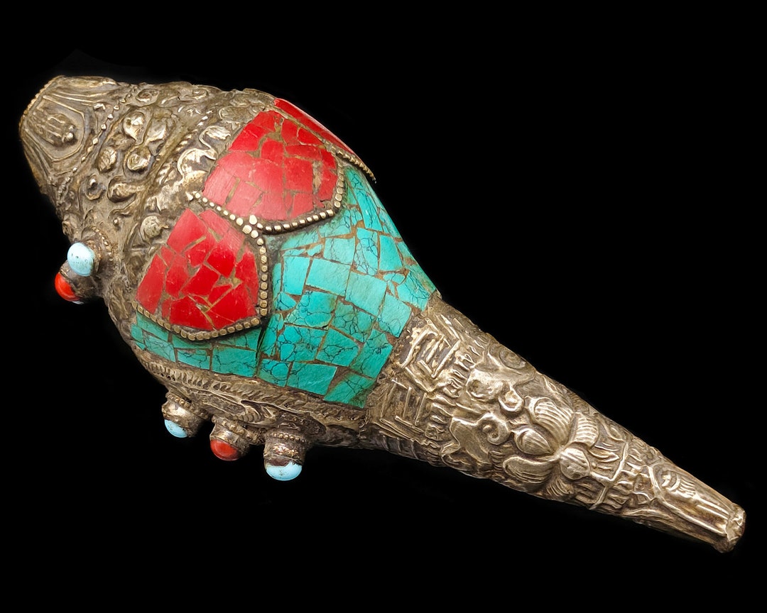 Tibetan Blowing Shankh Silver Turquoise Conch Shell Filigree Trumpet ...