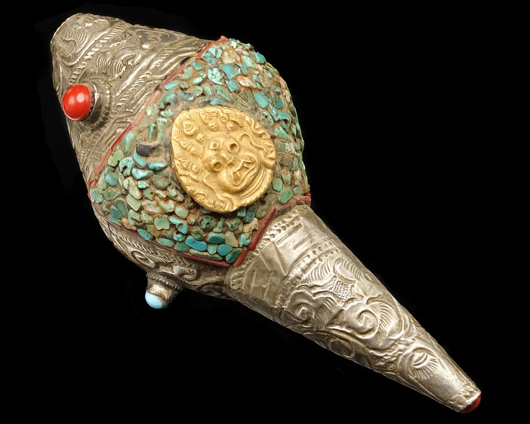 Tibetan Blowing Shankh Silver Filigree Conch Shell Turquoise Rahu Nepal ...